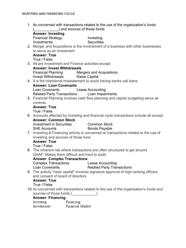 Investing and Financing Cycle Quiz | PDF