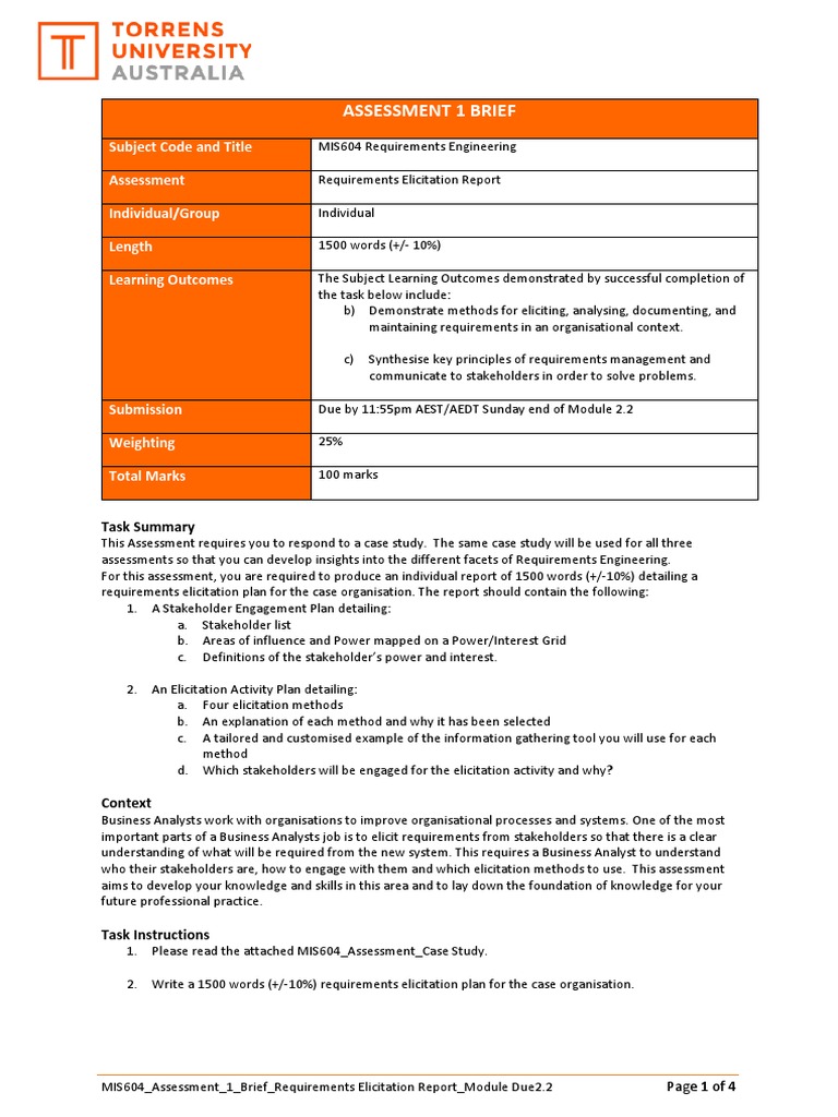 MIS604 Assessment 1 Brief Requirments Elicitation Report Module Due 2.2 Final | PDF | Paragraph ...