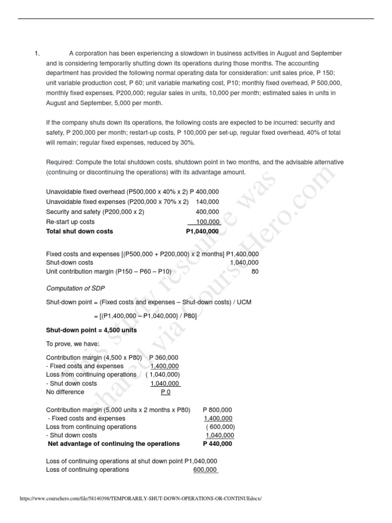 Temporary Shutdown Cost Analysis | PDF | Financial Services | Economics