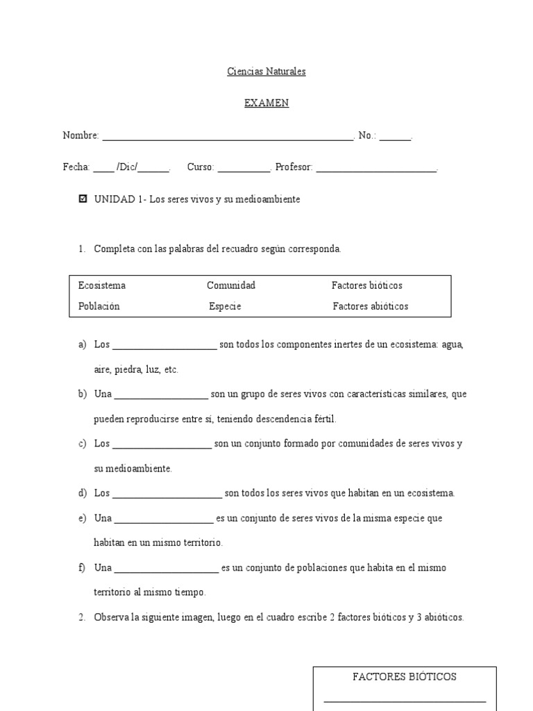 EXAMEN Unidad 1 - Los Seres Vivos y Su Medioambiente | PDF | Ecosistema ...