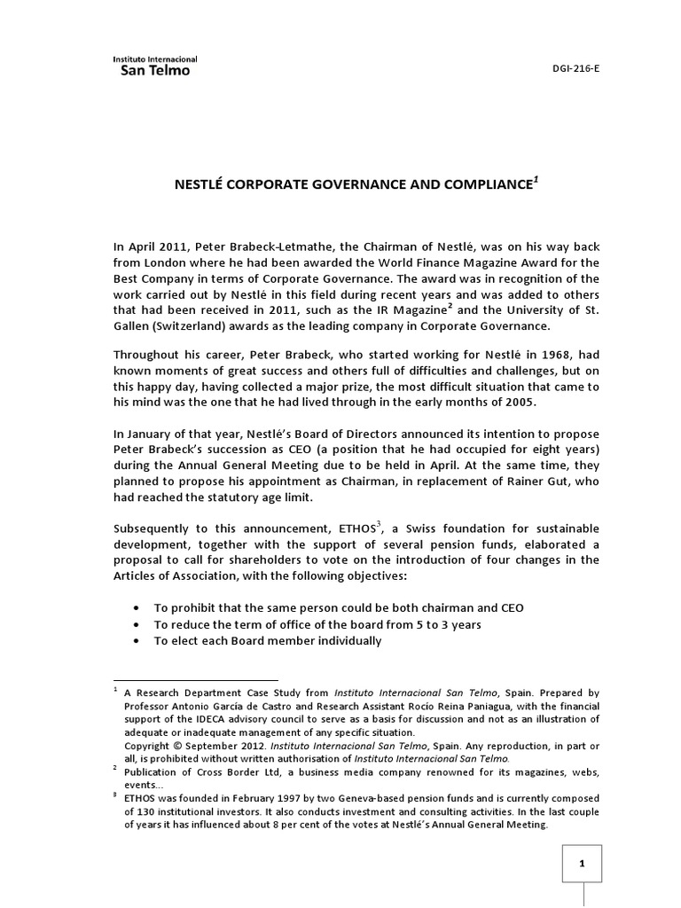 PREV. DGI-216-E Nestlé Corporate Governance and Compliance | PDF ...