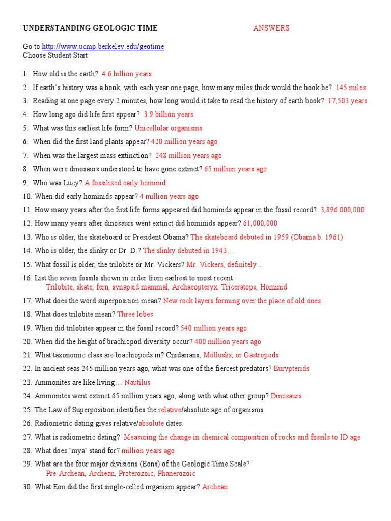 Geologic Time Worksheet - ANSWERS | Download Free PDF | Geologic Time Scale | Earth Sciences