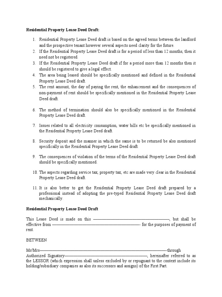 Residential Property Lease Deed Draft | Download Free PDF | Lease ...