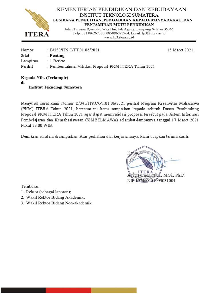 Surat Pemberitahuan Permintaan Validasi Dosen Pembimbing PKM ITERA 2021 ...