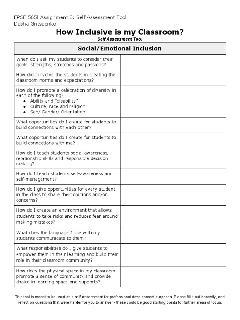 Student Self Assessment Chart