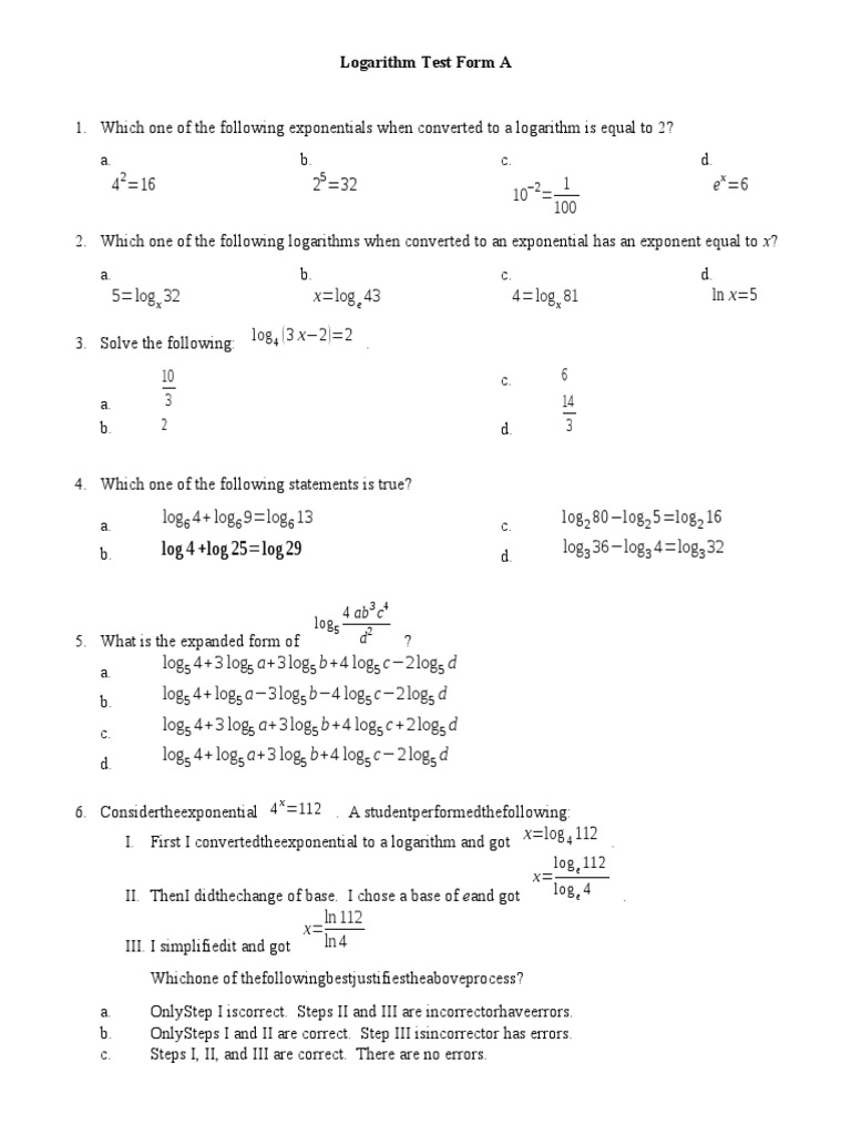 Log 4+log 25 Log29: Logarithm Test Form A | PDF | Logarithm ...