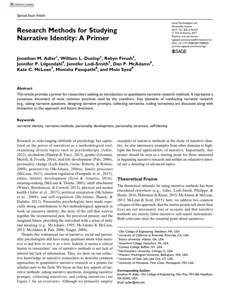 Narrative Identity Research Methods Guide | PDF | Narrative ...