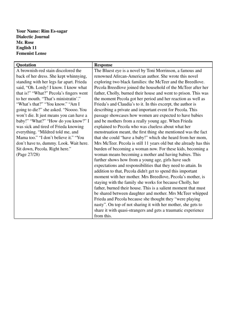 Rim Essagar - Dialectic Journal The Bluest Eye | PDF