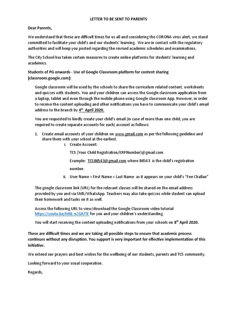 Letter For Parents (PG To Class 2) | PDF | Gmail | World Wide Web