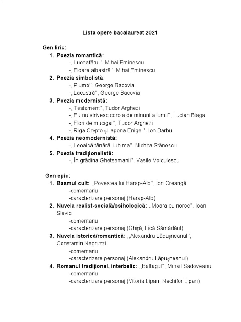 Lista Opere Bacalaureat 2021 | PDF