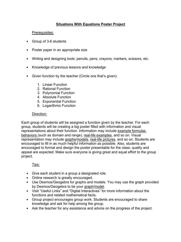 Situations With Equations Poster Project | PDF | Equations | Function ...