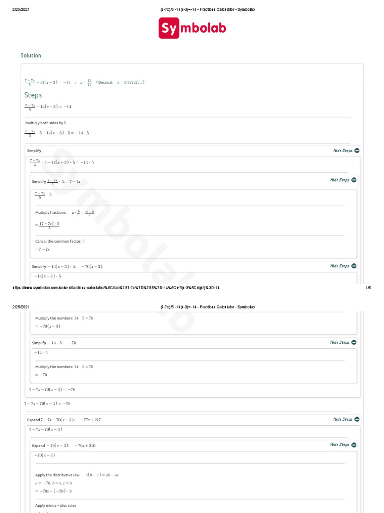 (7-7x) - 5 - 14 (x-3) - 14 - Fractions Calculator - Symbolab | PDF ...