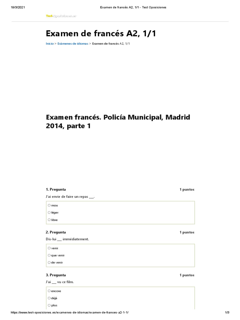 Examen de Francés A2, 1 - 1 - Test Oposiciones | PDF