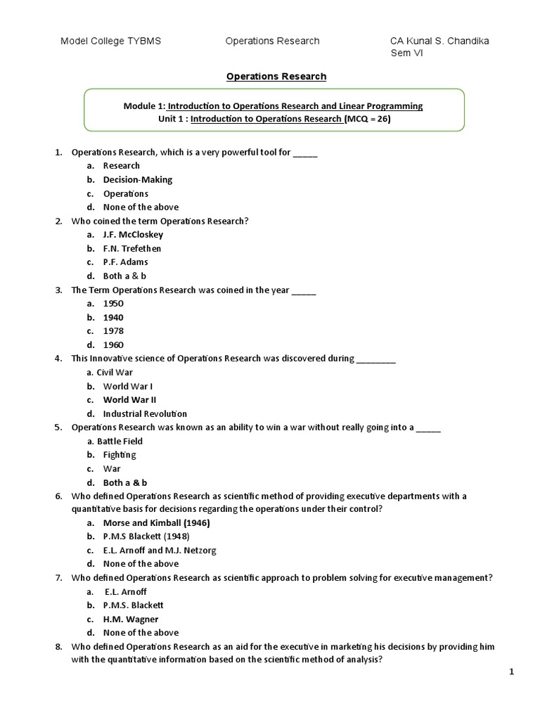 Operation Research MCQ | PDF | Mathematical Optimization | Linear Programming