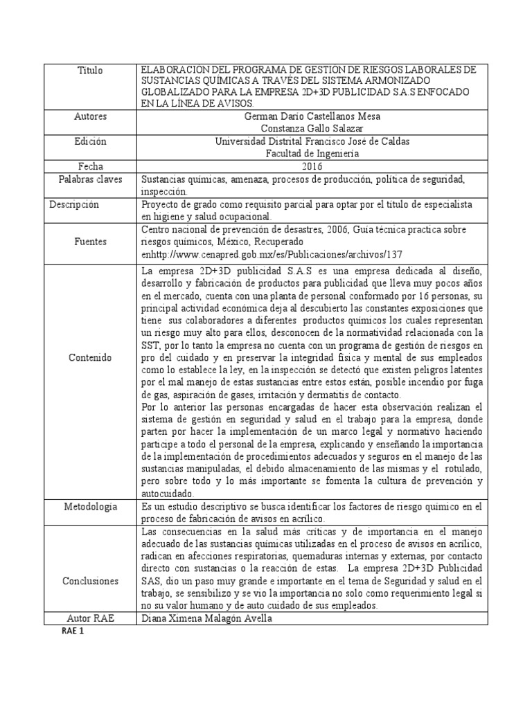 Plantilla Rae | PDF | Seguridad y salud ocupacional | Productos quimicos