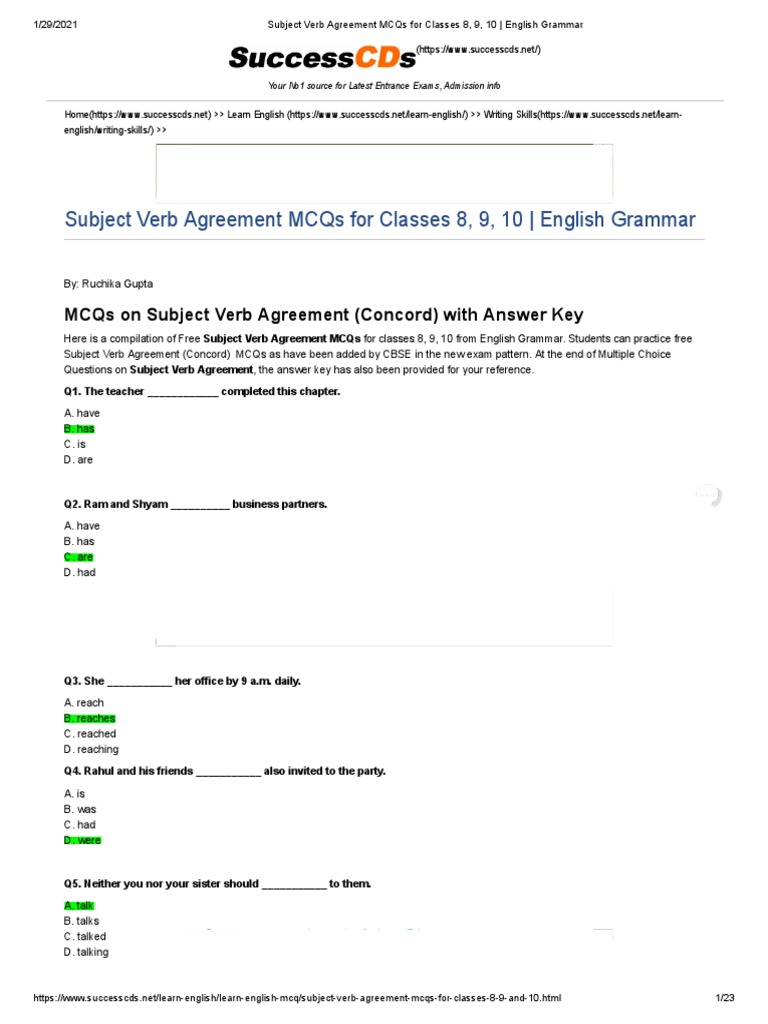 Subject Verb Agreement MCQs | PDF | Multiple Choice | English Grammar