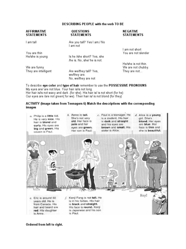 DESCRIBING PEOPLE With The Verb TO BE | PDF | Hair | Adjective