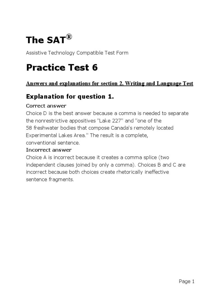 Sat Practice Test 6 Writing and Language Answers Assistive Technology ...