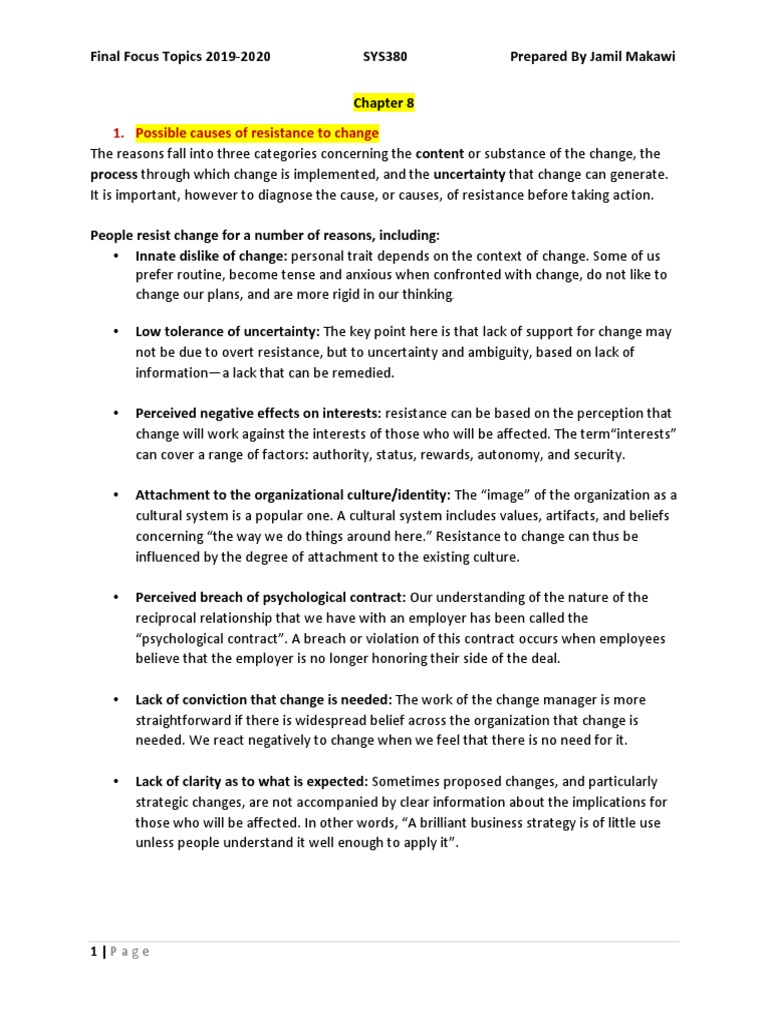 SYS380 Final Focus Topics 2019-2020 (Jamil) | PDF | Change Management | Leadership