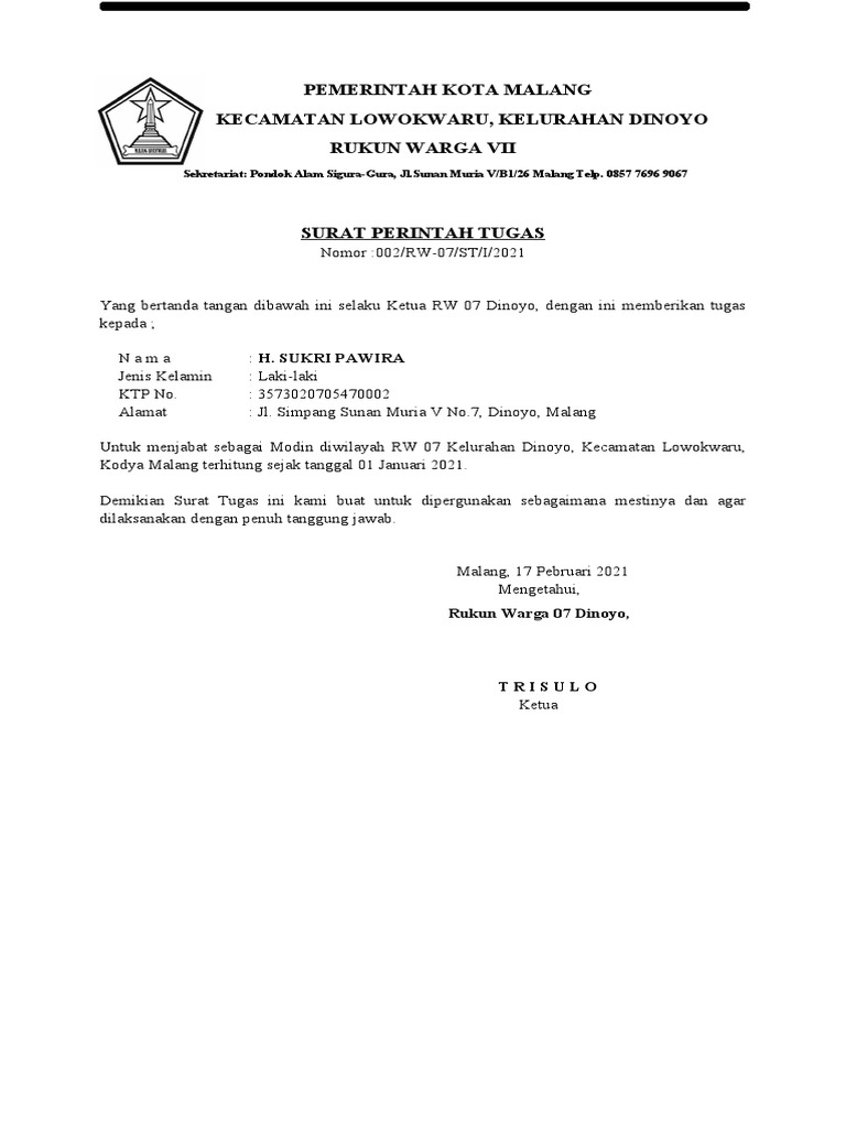 Surat Perintah Tugas Modin Rw07-2021 | PDF