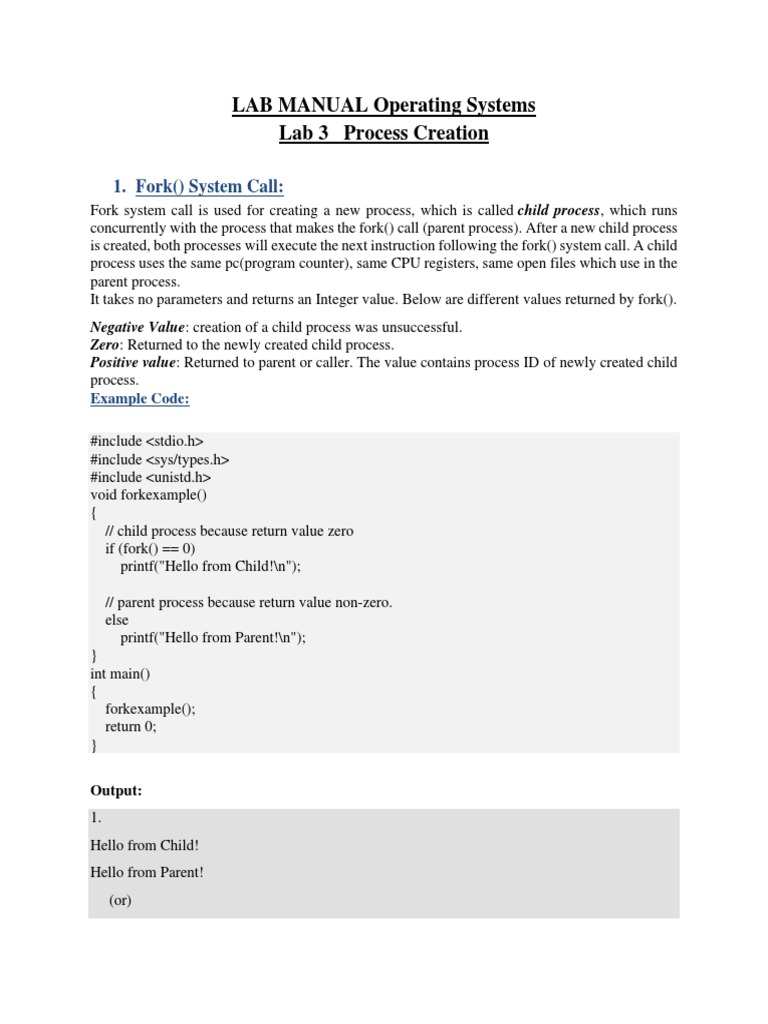 LAB MANUAL Operating Systems Lab 3 - Process Creation: 1. Fork System Call | PDF | Process ...
