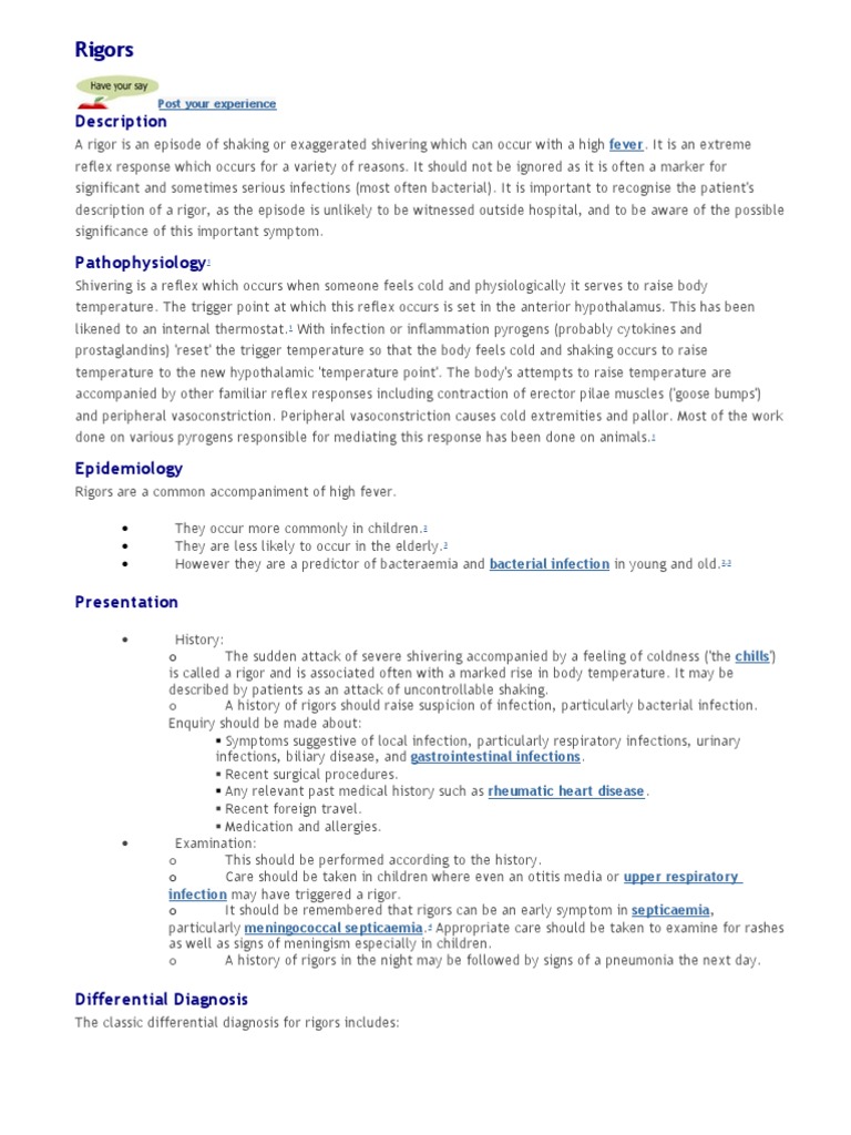 Understanding Rigors: Causes and Diagnosis | PDF | Fever | Sepsis