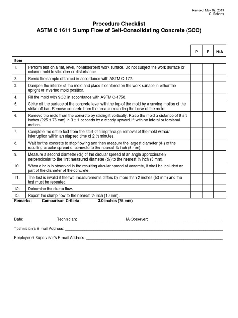 Procedure Checklist ASTM C 1611 Slump Flow of Self-Consolidating ...