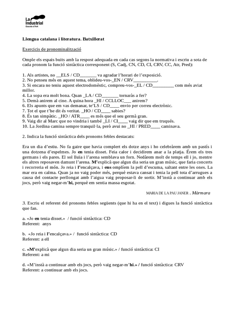 Exercics de Pronominalització 2 | PDF