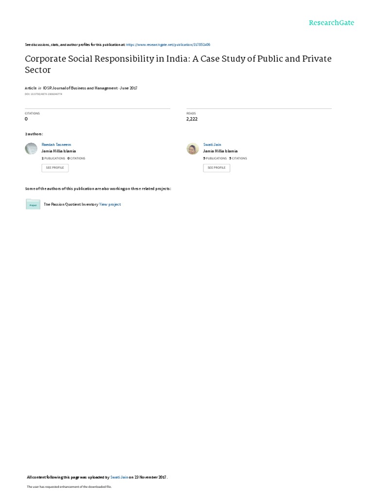 Corporate Social Responsibility in India: A Case Study of Public and ...