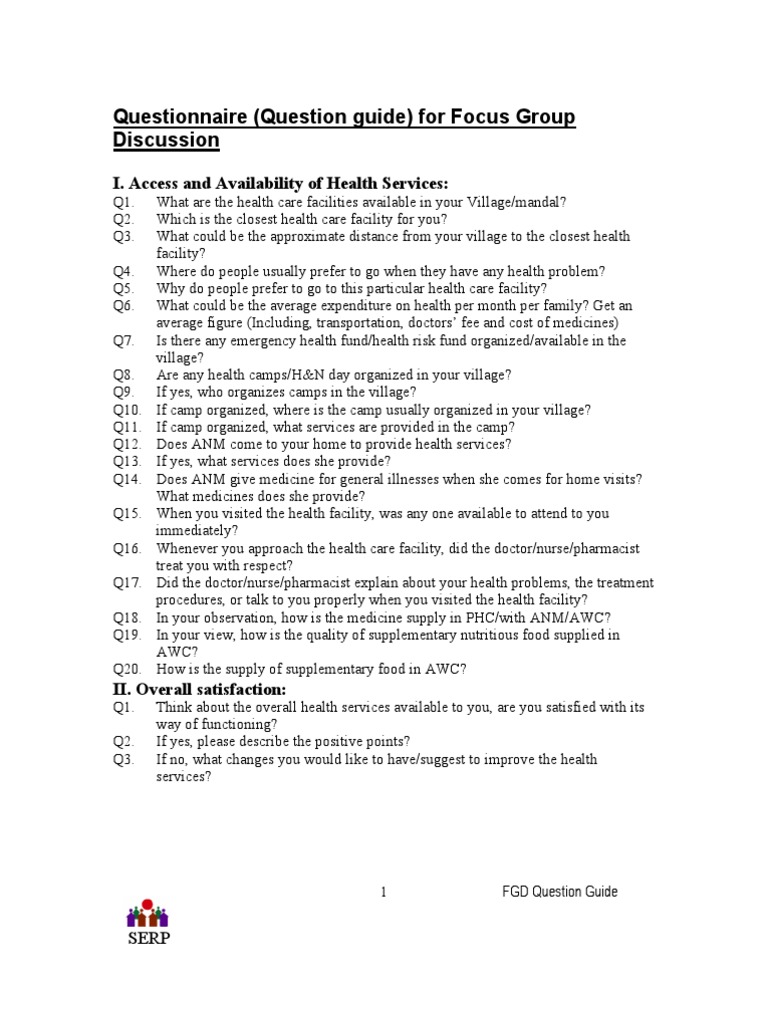 Questionnaire (Question Guide) For Focus Group Discussion: I. Access ...