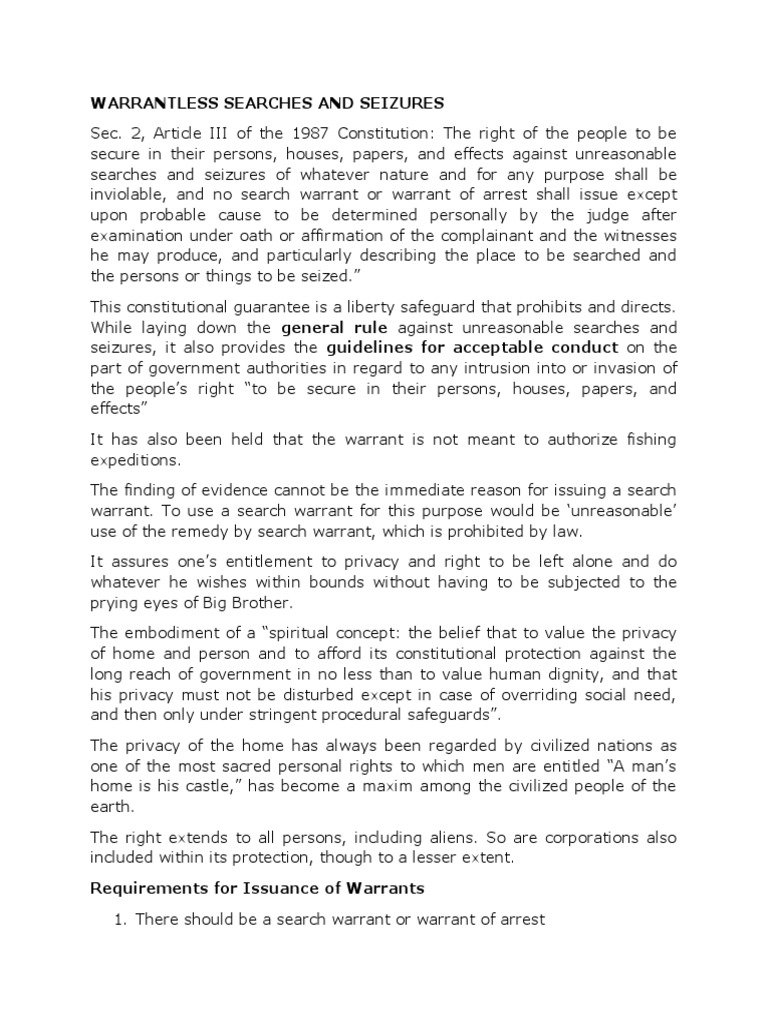 Warrantless Searches and Seizures | PDF | Search And Seizure | Search ...