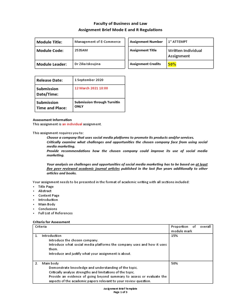 Faculty of Business and Law Assignment Brief Mode E and R Regulations ...