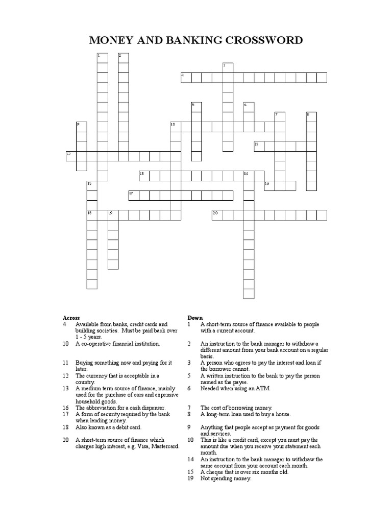 Money and Banking Crossword Puzzle | PDF | Business | Law