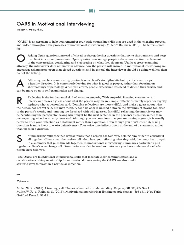OARS Skills in Motivational Interviewing | PDF | Empathy | Communication