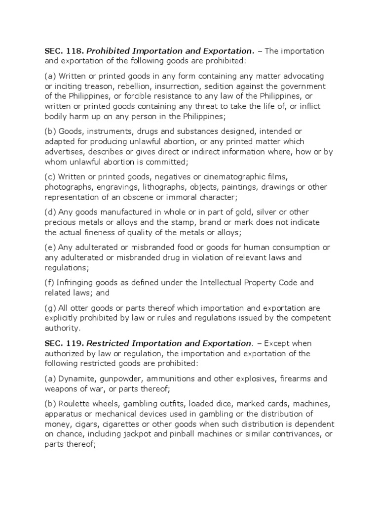 SEC. 118. Prohibited Importation and Exportation. - The Importation ...