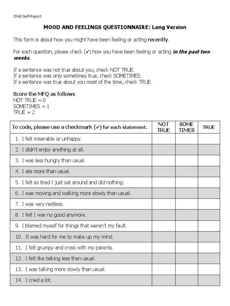 MFQ Child Self Report Long | PDF