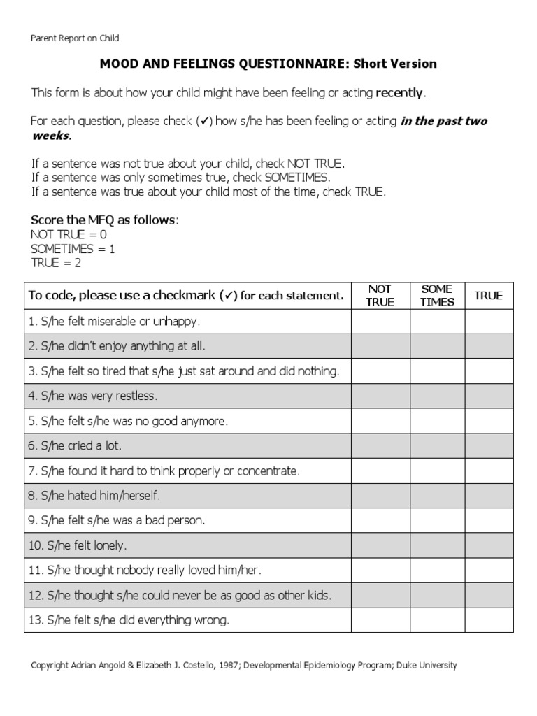 MFQ Parent Report On Child Short | PDF
