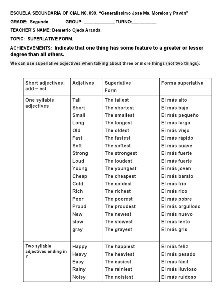 Superlative Form 1 | PDF | Artes del Lenguaje y Comunicación | Estudios ...