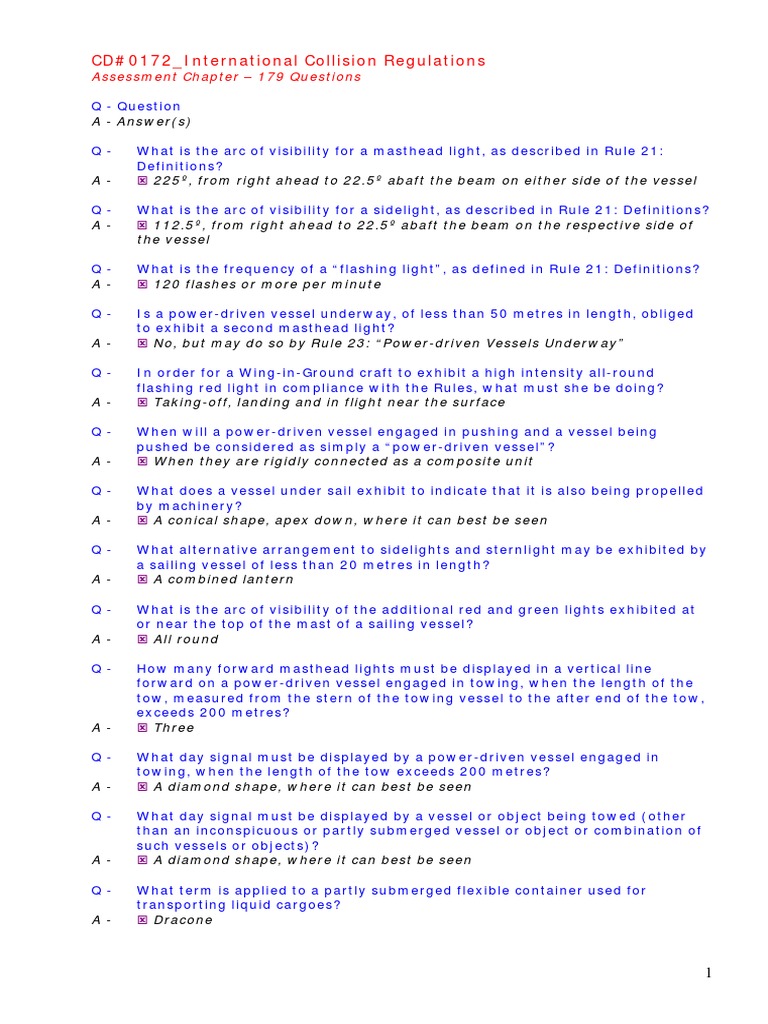 COLREGs Assessment: 179 Questions & Answers | PDF | Traffic | Maritime ...