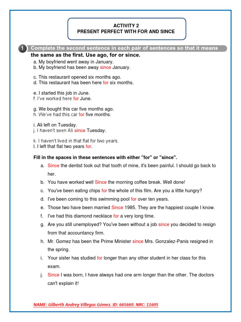 Since: Activity 2 Present Perfect With For and Since | PDF | Grammar ...