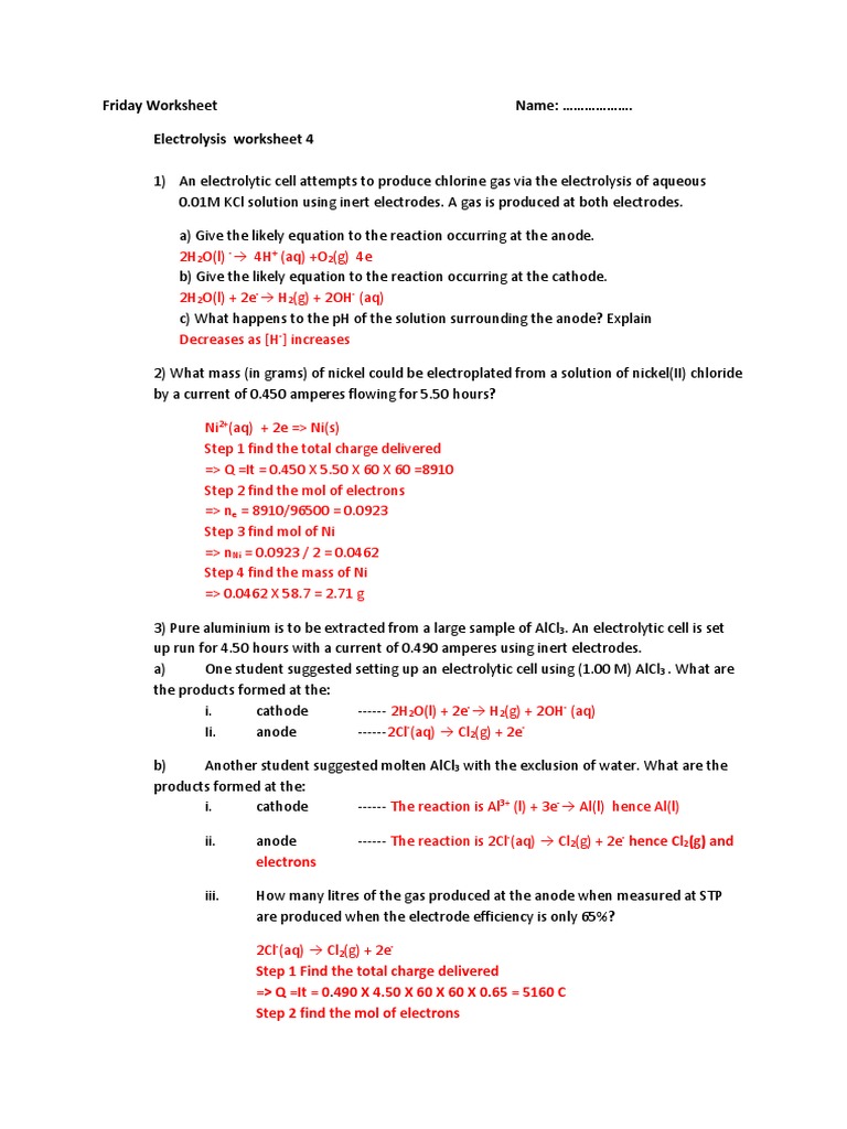 Electrolysis Worksheet | Download Free PDF | Anode | Physical Chemistry