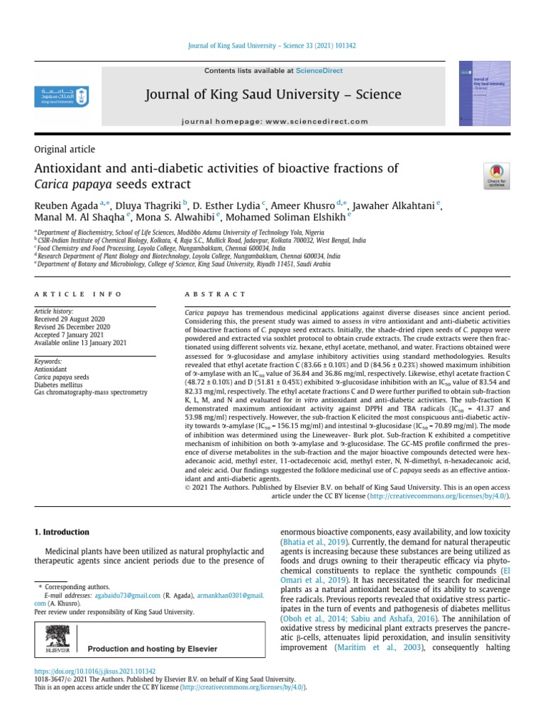 Antioxidant and Anti-Diabetic Activities of Bioactive Fractions of Carica Papaya Seeds Extract ...