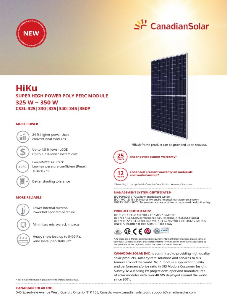 Canadian Solar Datasheet HiKu CS3L P en | PDF | Solar Panel ...