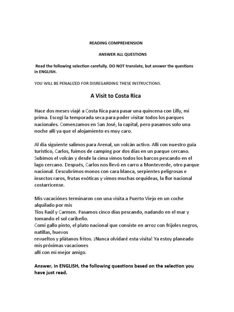 Reading Comprehension - A Visit To Costa Rica | Download Free PDF | Nature