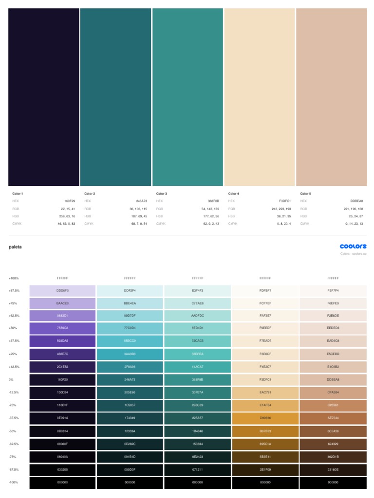 A Color Palette: Five Shades Presented in Hex, RGB, HSB and CMYK Codes ...