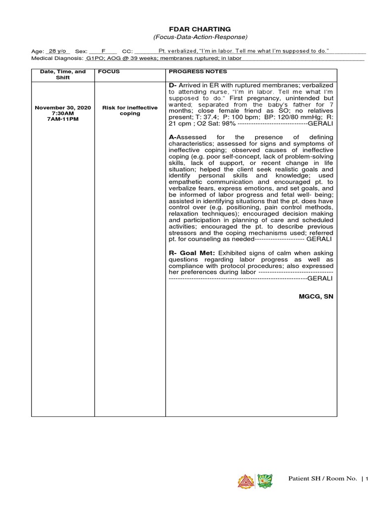 Fdar Charting: Date, Time, and Shift Focus Progress Notes | PDF ...