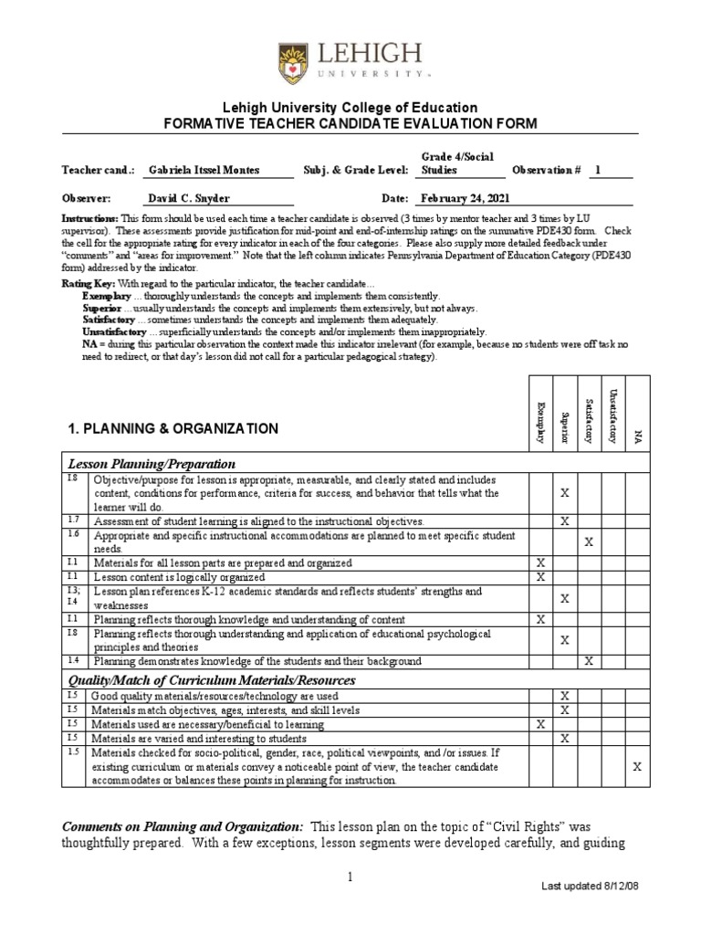 Student Teaching Supervisor Observation #1 | PDF