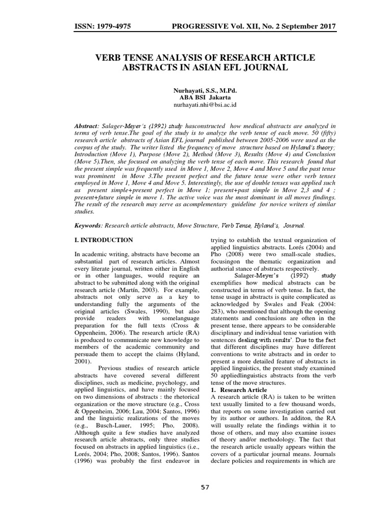 Verb Tense Analysis of Research Article Abstracts in Asian Efl Journal ...