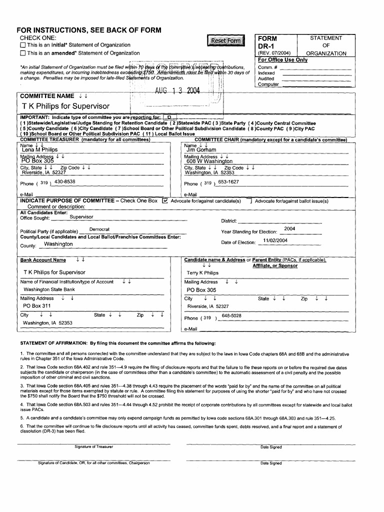 For Instructions, See Back of Form Check One: F1 Form DR-11: Committee ...