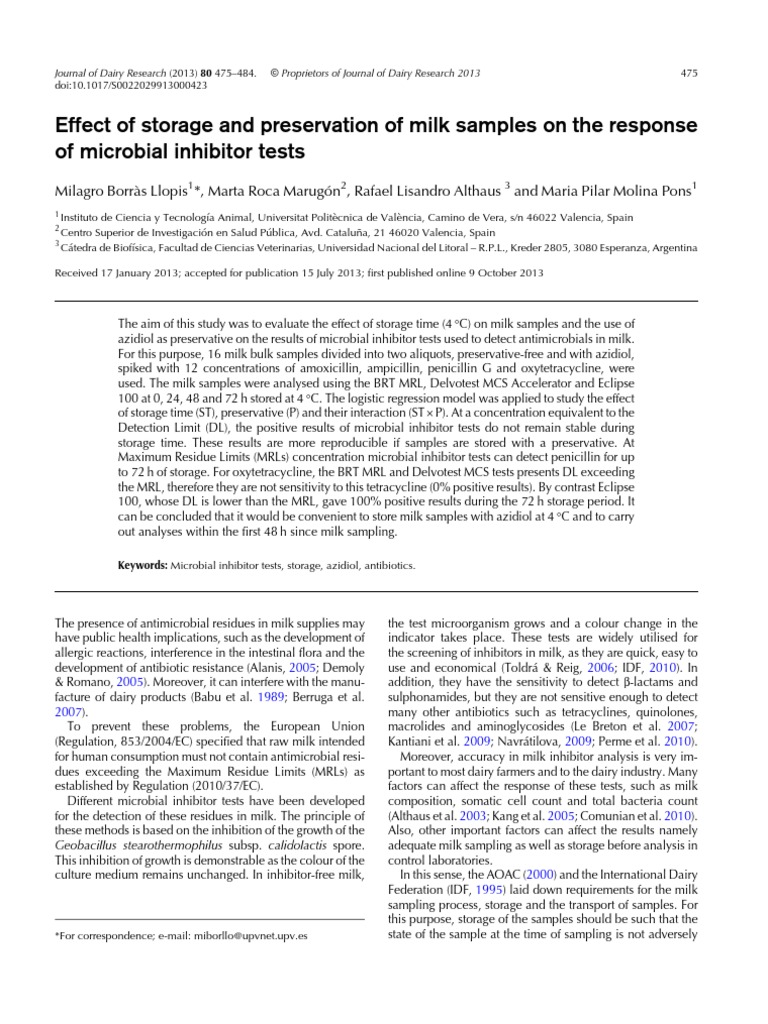 Effectofstorageandpreservationofmilksamples Azidiol | PDF | Logistic ...
